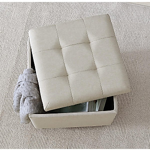 Ornavo Home Linen Tufted Square Storage Ottoman with Lift Off Lid, Ottoman with Storage for Living Room, Bedroom and Office, Beige