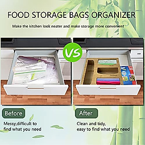 Bamboo Ziplock Bag Organizer for Kitchen Drawer - Food Storage Plastic Bag Dispenser Holder Containers, Openable Lid Bamboo Organization Box for Gallon, Snack, Sandwich, Quart Various Size Bags, Gifts for Her/Women