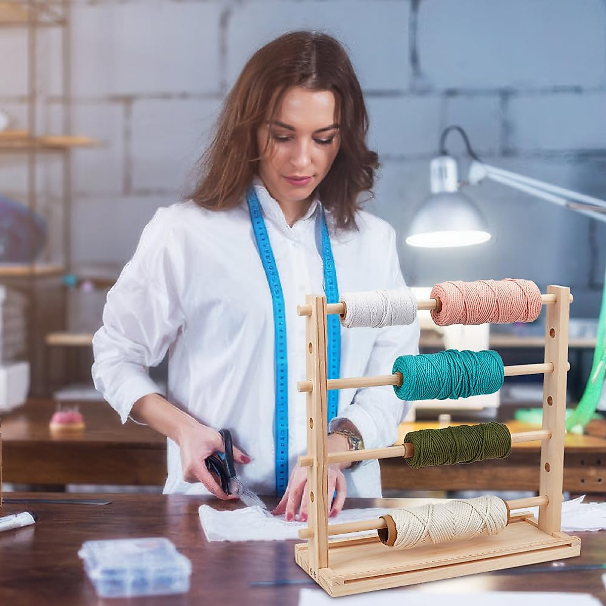 BENECREAT Wood Ribbon Storage Rack, 4 Tier Ribbon Holder Organizer Spool Holder Organizer for Sewing Craft, Mesh Thread Tape, Wreath Crochet Thread Tulle Roll, Craft Gift Florist Wrapping