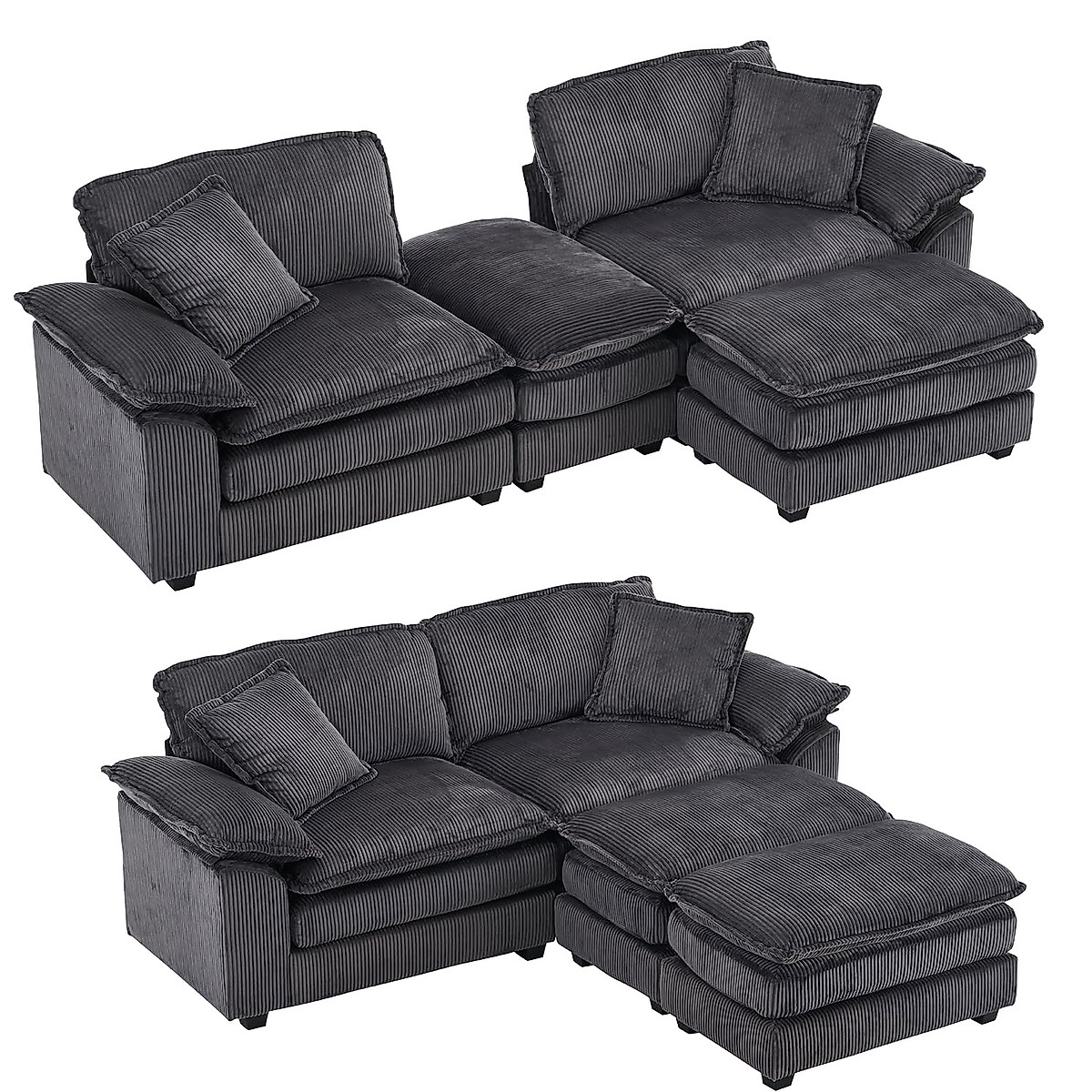 Corduroy Modular Sectional Couch, 84“ Width Oversize Loveseat Sofa, Comfy Plush Cloud Couch Lounge Chair with Ottomans and 2 Pillows for Small Spaces, Living Room, Bedroom, Office (Grey)