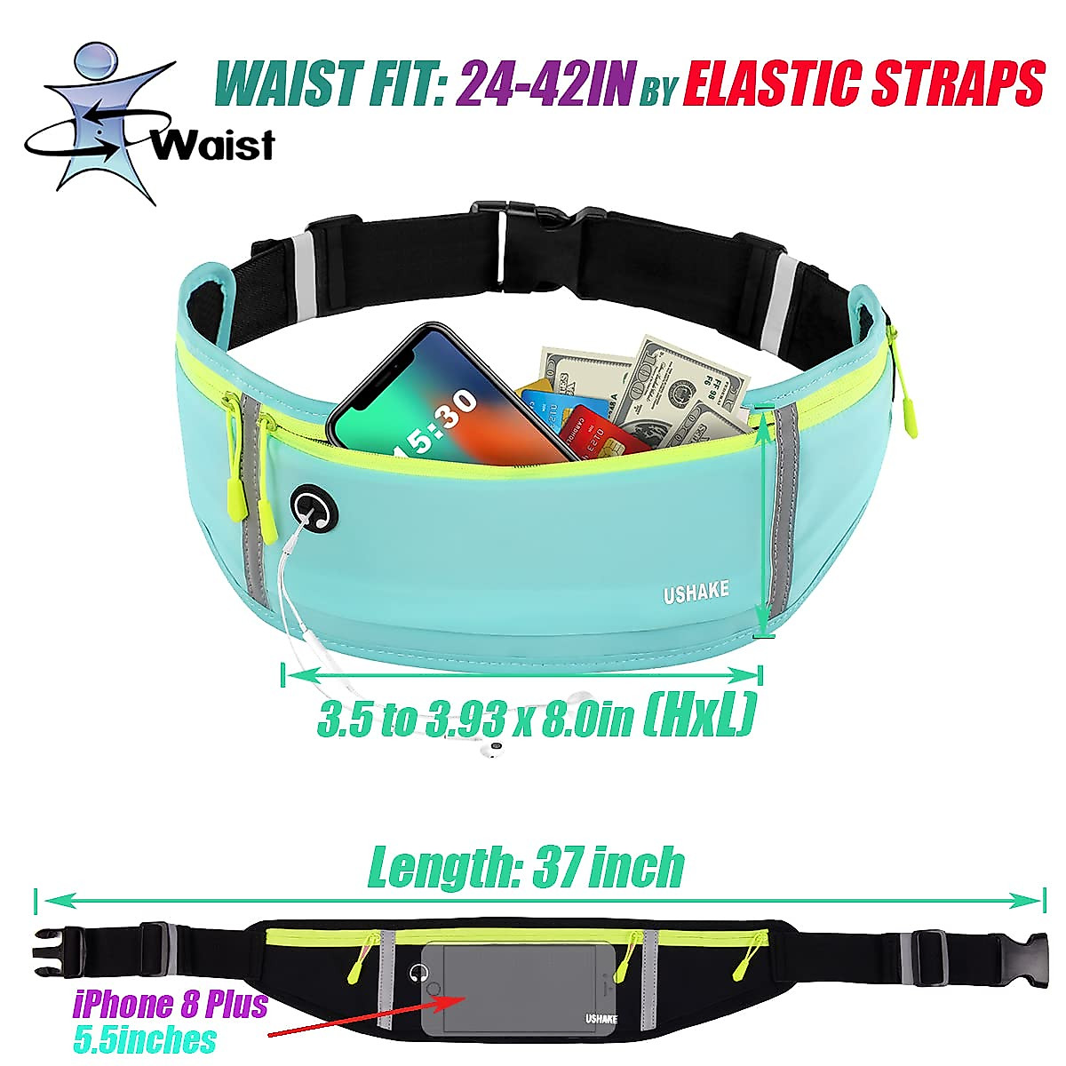 USHAKE Slim Running Belt, Workout Fanny Pack for Men Women,Exercise Waist Pack for Apple iPhone Holder, Runner Belt for Running Walking Cycling Camping Gym Mint blue