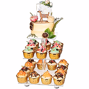 YestBuy 3 Tier Cupcake Stand with Base, Cake Stand, Acrylic Cupcake Tower Stand, Premium Cupcake Holder for 28 Cupcakes, Display for Pastry Wedding Birthday Party (4" Between 2 Layers)