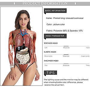 Sister Amy Womens Long Sleeve Printed Zipper Surfing One Piece Swimsuit Bathing Suit D-Human Internal Organs L/XL