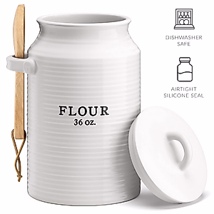 Barnyard Designs Flour Canister for Kitchen Counter, Decorative Ceramic Flour Container, Rustic Farmhouse Canister Jar, White