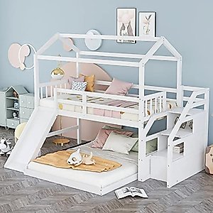 Harper & Bright Designs Twin Over Full House Bunk Bed with Stairs and Slide, Full-Length Guardrail, Wooden Floor Bunk Bed Frame for Kids Teens Girls Boys, Playhouse Design (White)
