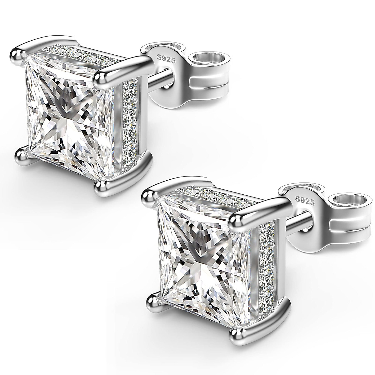 18K White Gold Plated Sterling Silver Princess Cut Cubic Zirconia Stud Earrings Square Simulated Diamond CZ Stud Earrings for Women Men Hypoallergenic (7MM, White Gold)