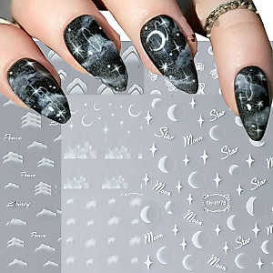 5 Sheets Moon Nail Stickers for Nail Arts,3D Nail Decals Self-Adhesive Nail Art Supplies for Nail Designer, Nail Tattoos for Women Girls, pegatinas para uñas withh Moon Hill Patterns Nails Accessories.