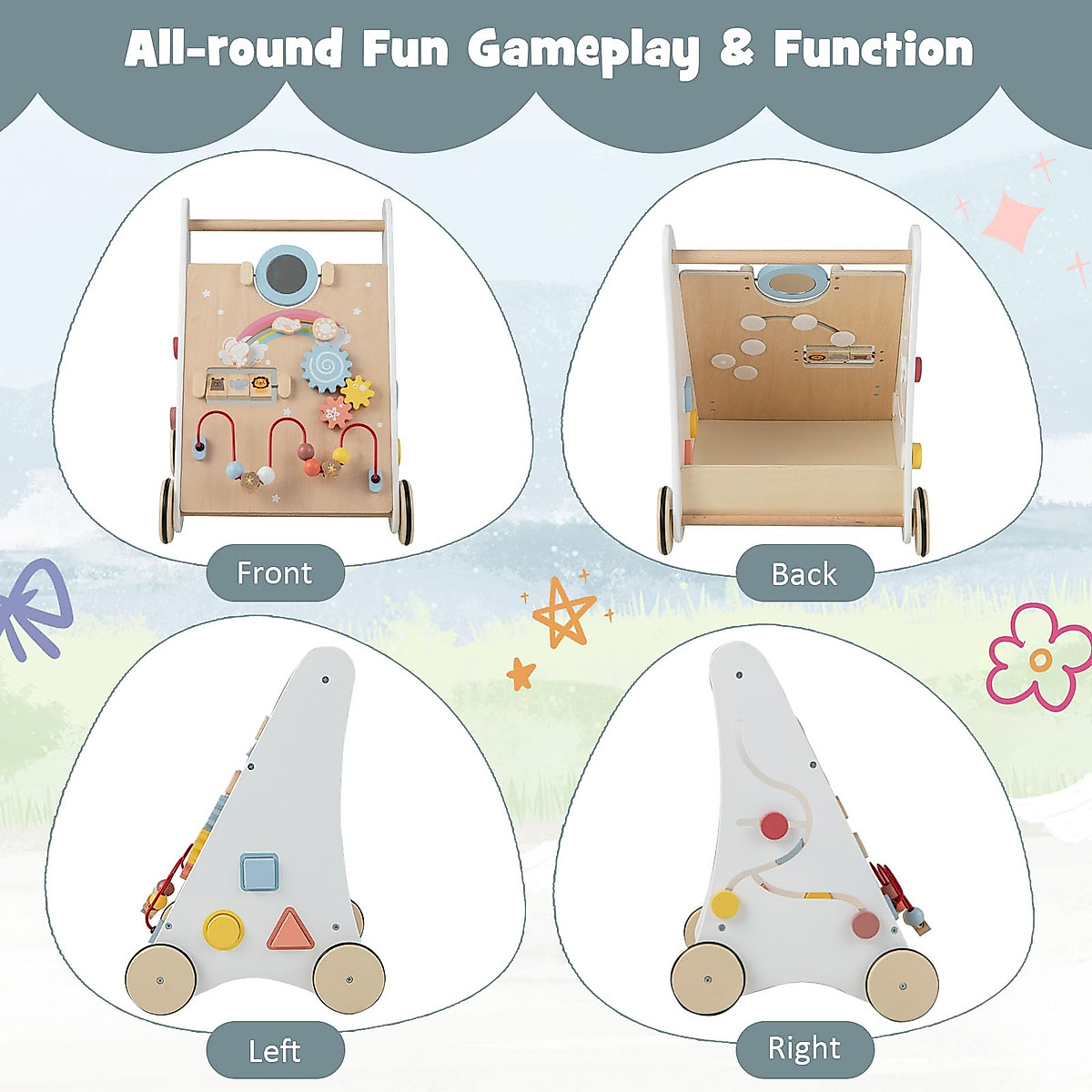 HONEY JOY Baby Push Walker, Wooden Infant Walker Activity Center with Shape Sorter, Develop Motor Skills & Creativity, Push Toys for Babies Learning to Walk, Gift for Boys and Girls (Natural)