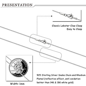 MILACOLATO 925 Sterling Silver Chain Necklace for Women Men 1MM Solid Round Snake Chain Necklace Rhodium Plated Durable Italian Silver Necklace Chain Jewelry - Lobster Clasp - 22"