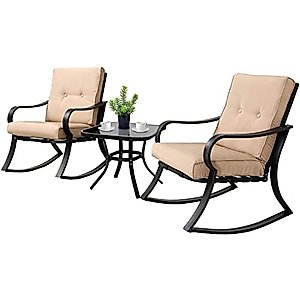SOLAURA 3-Piece Outdoor Rocking Chairs Bistro Set, Black Iron Patio Furniture with Brown Thickened Cushion & Glass-Top Coffee Table