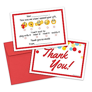 Kids Fill in the Blank Emoji Thank You Notes 5 x 7" - 25 Cards with Red Envelopes Fun, Easy Gender Neutral Thank Yous for Boys or Girls