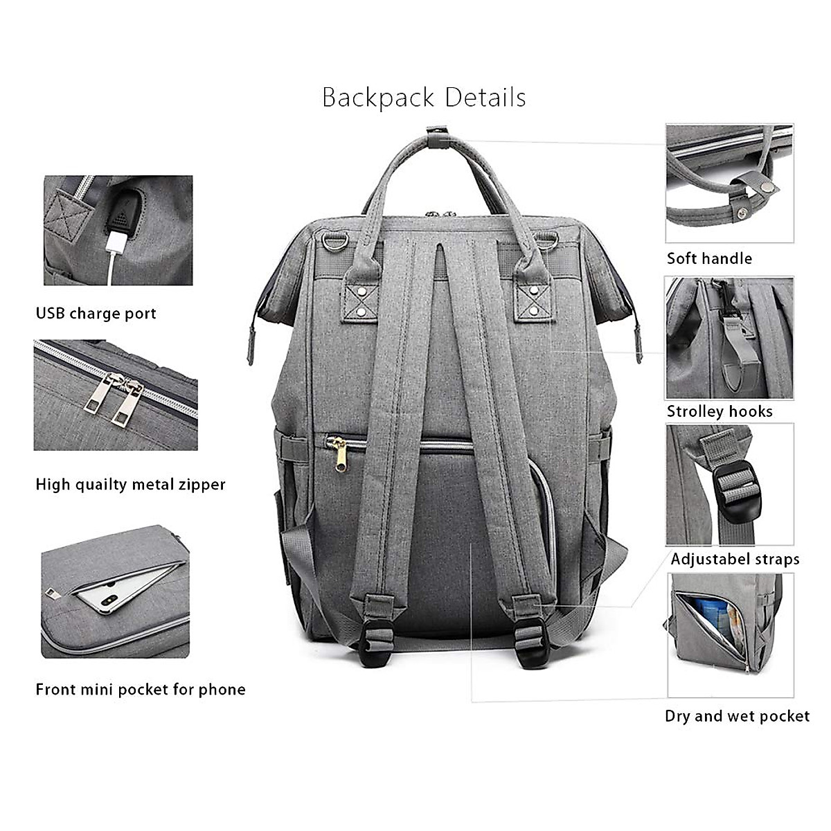 Starte Baby Diaper Bag Backpack with USB Charging Port &Stroller Hooks Travel Back Pack,Light Grey