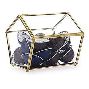 ELLDOO Gold Glass Pentaprism Coffee Pods Holder with Lid for Nespresso Vertuoline Capsule, Tea Bags Sugar Packets Sweeteners Candy Snack Storage for Counter, Coffee Bar, Kitchen, Breakroom