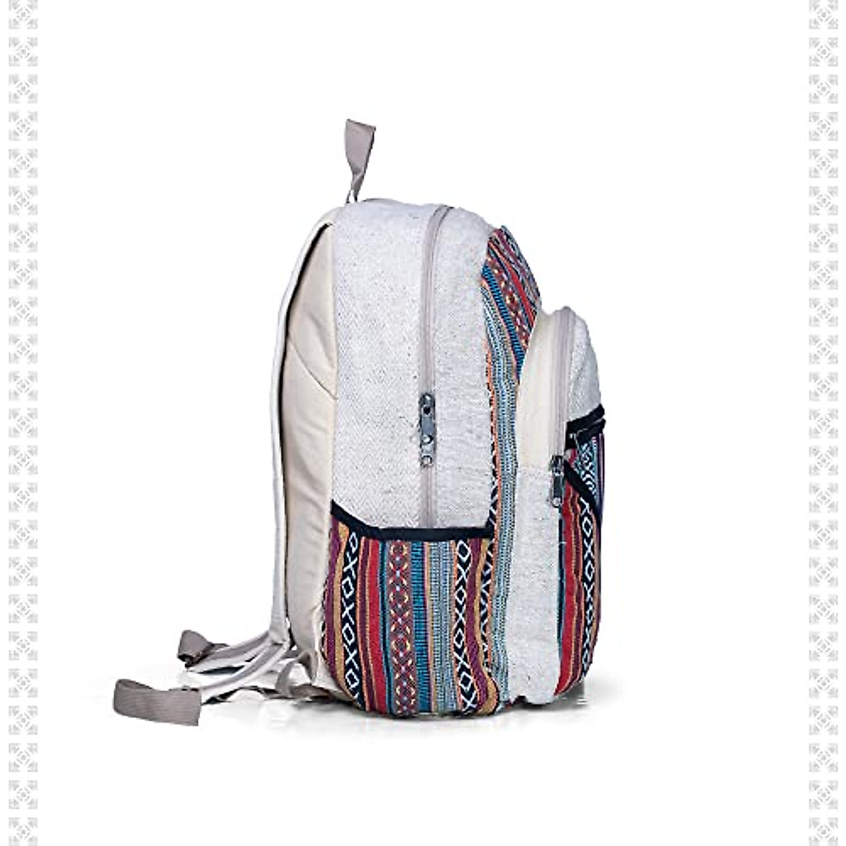 Ruana Lightweight Hemp Backpack 100% Natural Hemp Cotton Fabric Casual Daypack Multipurpose Handmade Bag For Travel, Hiking, Yoga, Picnic (Tribal Stripes, 38 cm W x 45 cm L)