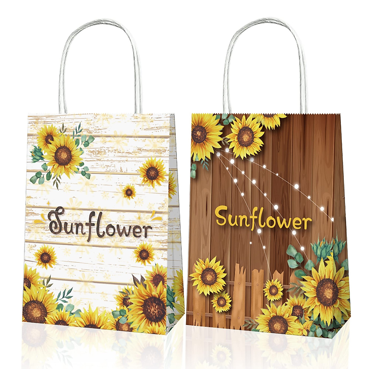 12 Pack Vintage Wooden Sunflower Candy Bags，Sunflower Goody Treat Bags with Handles Summer Sunshine Party Favor Bags for Sunflower Baby Shower Birthday Wedding Bridal Shower Party Supplies