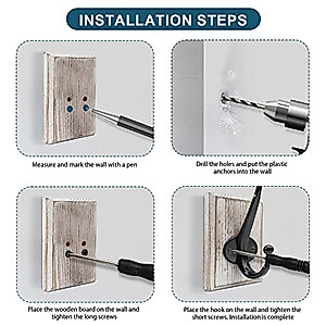 Lomuke Towel Hooks for Bathroom Wall Mounted, 2 Pack Farmhouse Rustic Wall Hooks for Hanging Coat Robe Hat Keys, Heavy Duty Wood Black Hooks for Entryway Kitchen Bedroom Decorative (Weathered White)