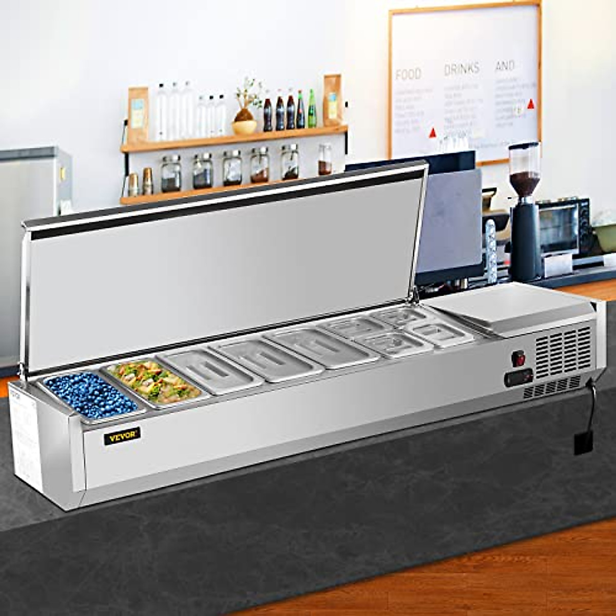 VEVOR Refrigerated Condiment Prep Station, 71-Inch, 19.8Qt Sandwich/Salad Prep Table with 5 1/3 Pans & 4 1/6 Pans, 150W Salad Bar with 304 Stainless Body and Cover Temp Adjuster One-Click Defrosting