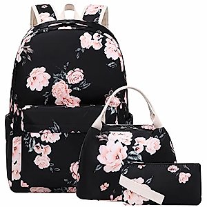 SHEEYEE School Backpack for Girls Bookbags with Lunch Box Set Students Laptop Travel Floral Backpack(Black with Flower)