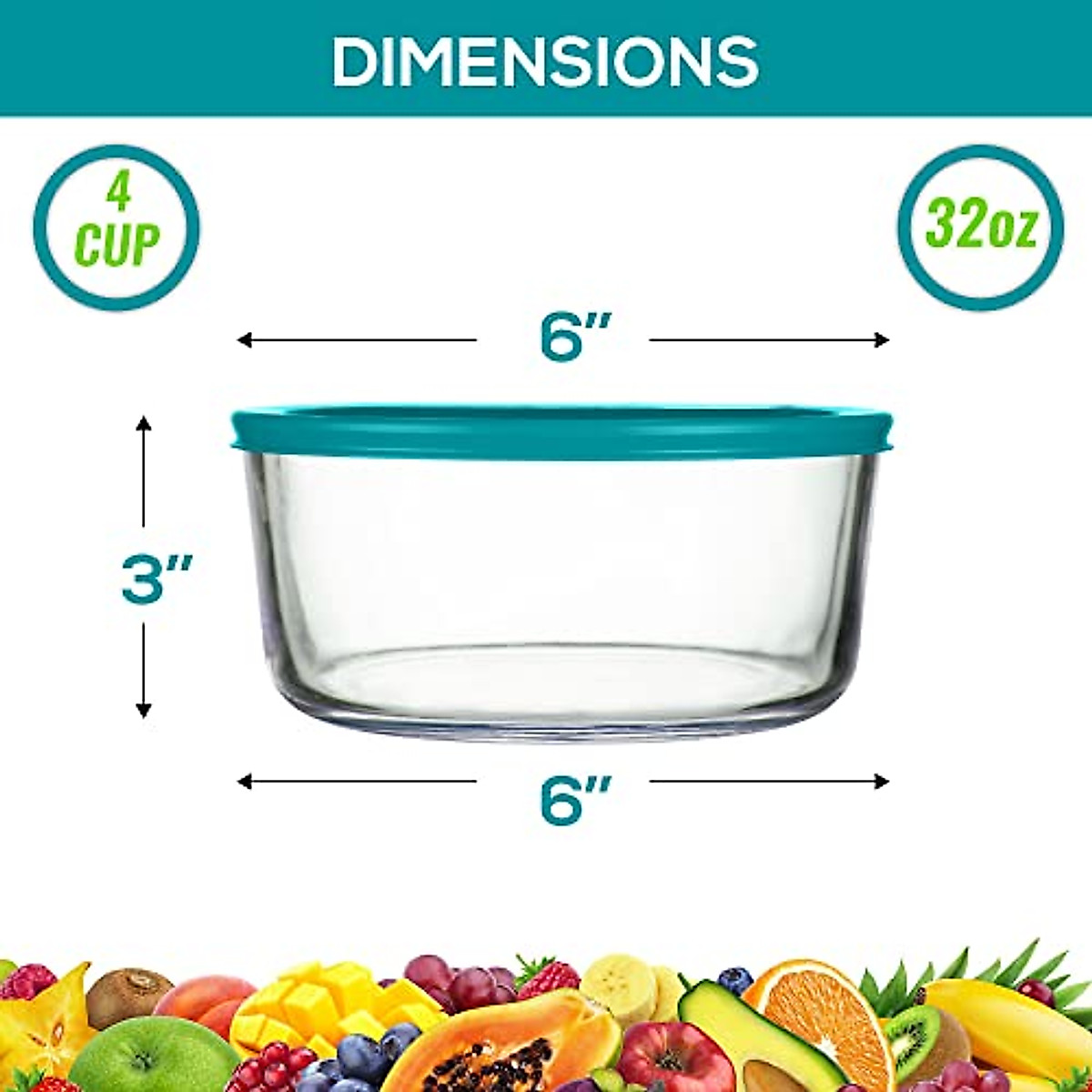 Klareware 4 Cup Glass Food Storage Containers Stackable Meal Prep Lunch Bento or leftover salad bowls Dish w BPA Free Lids (Turquoise)