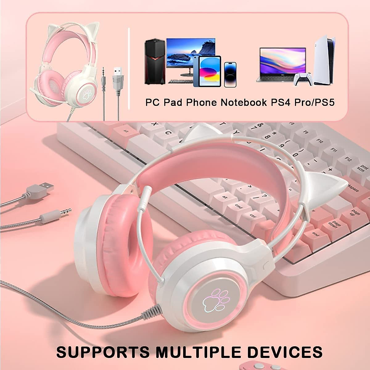 Gaming Headset with Removable Cat Ears, 3.5mm Wired Headphones with Adjustable Microphone, Extendable Padded headband, Noise Cancelling and RGB Light Headphones for Xbox/PS4/Switch/Mac/Phone (Green)