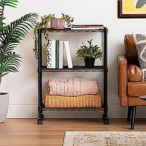 IRIS USA 3-Tier Adjustable Steel Storage Rack with Removable Locking Casters (Up to 600 lbs Loading Capacity), Easy Assembly Wire Organization Unit with Metal Shelves, Black (23.5"L x 14"W x 32"H)