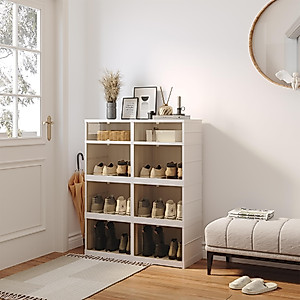 Luoxiao Plastic Storage Cabinet Collapsible Storage Bins with Doors 4 Tier 8 Grids Foldable Storage Boxes with Wheels Stackable Closet Organizer for Kitchen Bathroom Enterway White