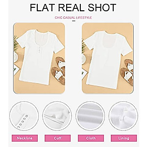 Dokotoo Women's Summer Scoop Neck Button Down Henley T-Shirt - Sexy Low Cut, Slim Fit, Short Sleeve, Casual Stretch Top - White, M