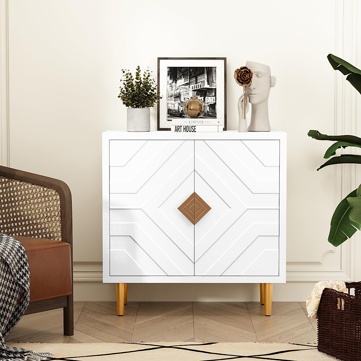 HLR Storage Cabinet with 2 Doors, Accent Cabinet with Decorative Embossed Pattern Doors, Buffet Cabinet Sideboard for Living Room, Kitchen, Dining Room, Hallway