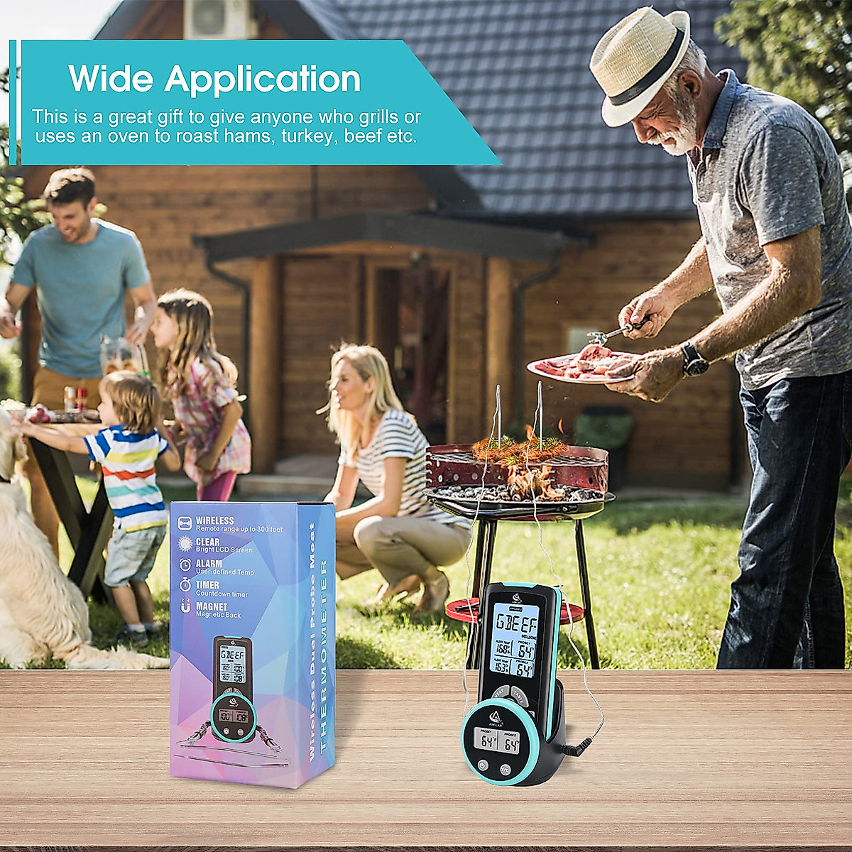 AIMILAR Remote Meat Thermometer for Cooking - Dual Probes Digital Meat Temperature Thermometer Magnetic for Grilling and Smoking with Clip Timer Alarm for Kithen Oven (Blue)