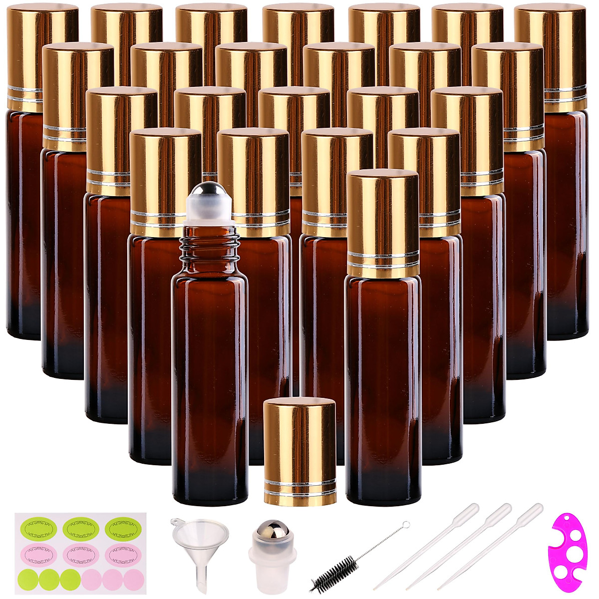 inice 24 Pack Amber Galss Roller Bottles for Aromatherapy Essential Oils,10ml Roll On Bottles with Stainless Steel Roller Balls Metal Cap