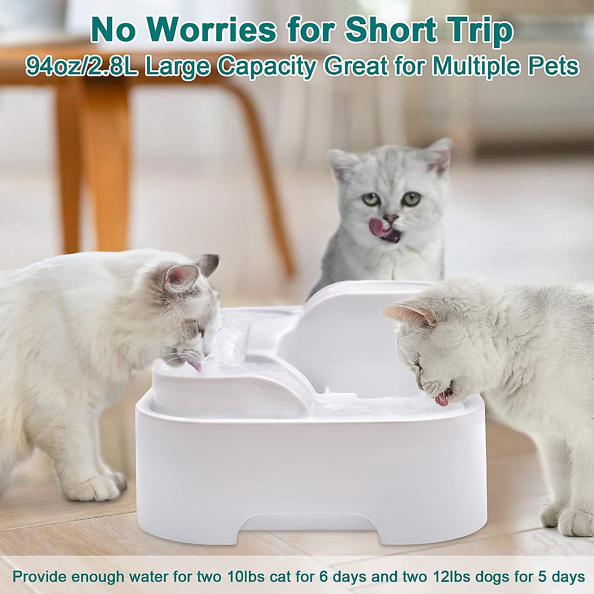 LIONROGE Cat Water Fountain, Ultra Silent Cat Fountain 2.8L/94oz, with LED Light, Activated Carbon Filter