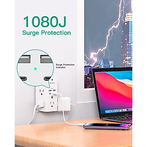 Outlet Extender with Night Light, 5-Outlet Surge Protector with 3 USB Charging Ports, 1800J Power Strip Multi Plug Outlets Wall Adapter Expander with Spaced Outlets for Home, School, Office