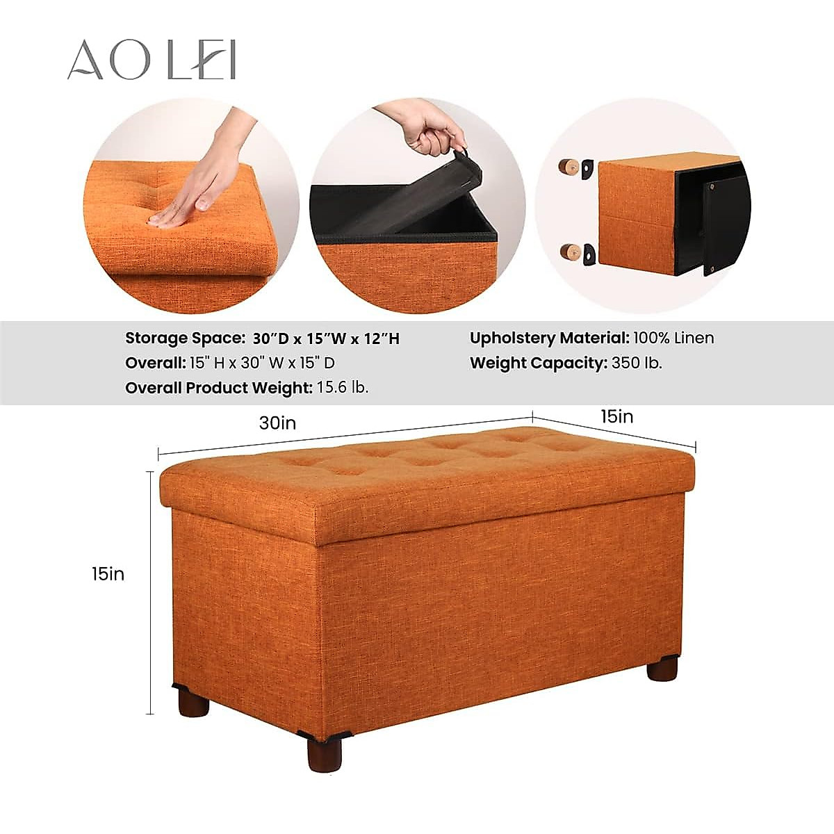 Ao Lei 30 Inches Storage Ottoman Bench, Storage Bench with Wooden Legs for Living Room Ottoman Foot Rest Removeable Lid for Bedroom End of Bed, Linen Fabric, Orange
