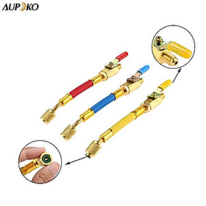 R134A R410A R22 R12 Charging Hoses and Ball Valve Set, 3 Pcs Color Coded Hoses/w Ball Valve 1/4" SAE Thread (7" Long) for AC HVAC Maintenance Kit and Air Condition Refrigeration Charging Tools