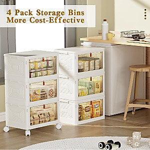 3 Tier Plastic Storage Bins with Lids 23QT, Stackable Storage Containers with Wheels, Folding Storage Boxes, Collapsible Storage Bins, Closet Organizers and Storage for Living Room,Kitchen,Office,Dorm