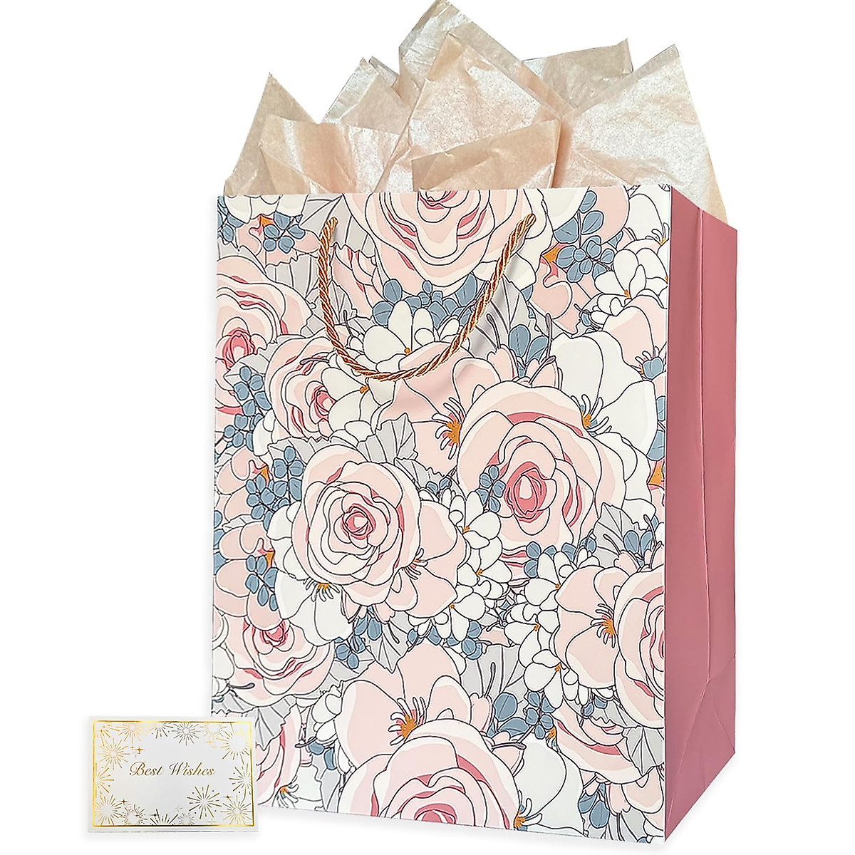 AMROSE Large 13'' Gift Bag withTissue Paper and Card, Recyclable Paper Gift Bag for Birthdays, Thanksgiving, Christmas, Mother's Day, Wedding, Engagement, Parties and More,Watercolor Floral