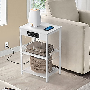 NOVIMANGO Nightstand with Charging Station End Tables White Side Table with USB Ports & Outlets Small Bedside Table with 3 Tier Storage Night Stand Table in Bedroom Living Room Dorm Office