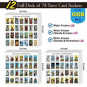 Joyppy Mini Tarot Stickers for Journaling - 1008 PCS Tarot Card Stickers Based on Rider Waite Tarot Deck - 1.25" x 0.78" - Clear Printing & Glossy Finish – 4 Tarot Cheat Sheets Included