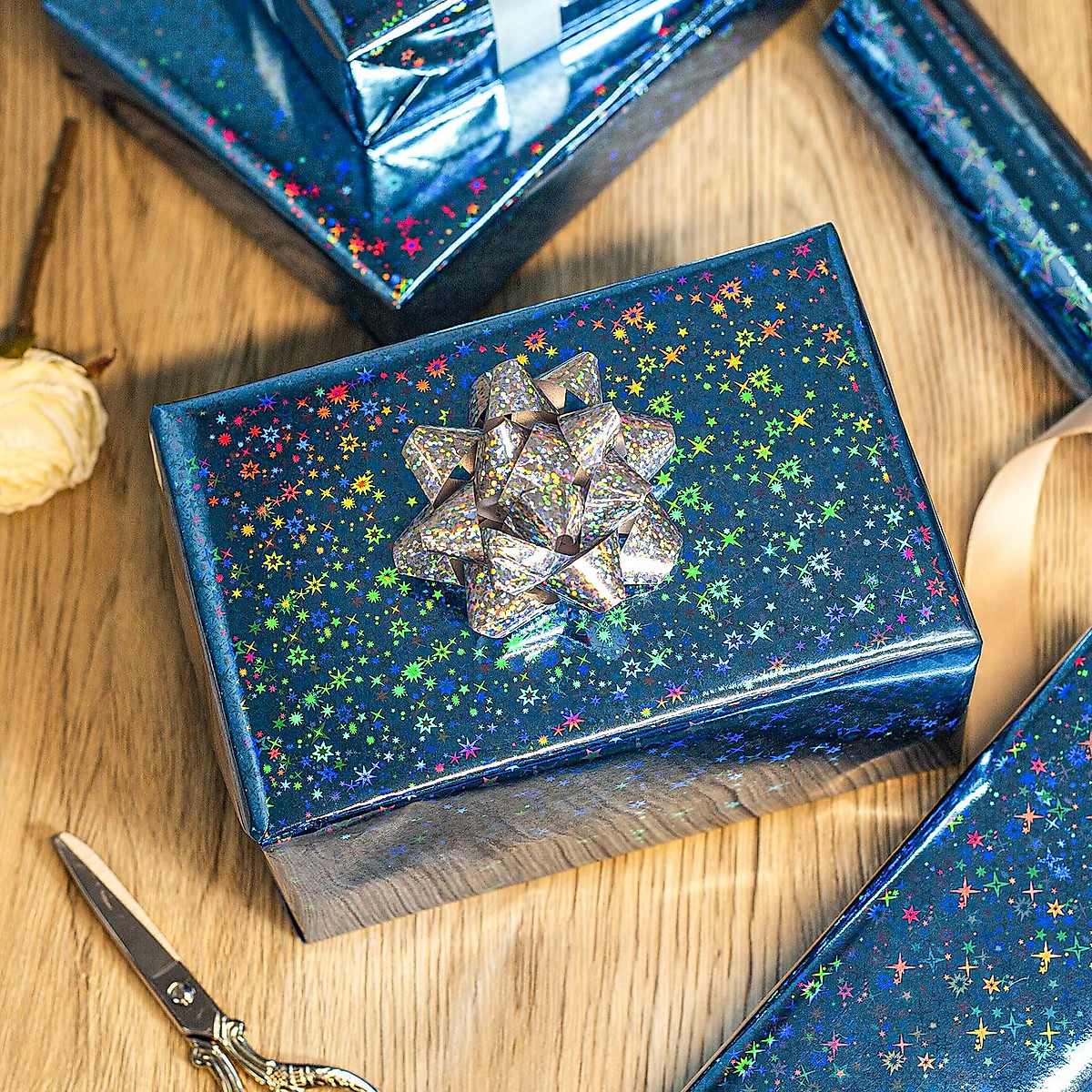 Merture 17 In X 32.8 Ft (46.5 sq.ft.) Holographic Space Wrapping Paper Roll, Blue Gift Wrap with Shining Galaxy Design for Birthday, Christmas, Father's Day, Halloween