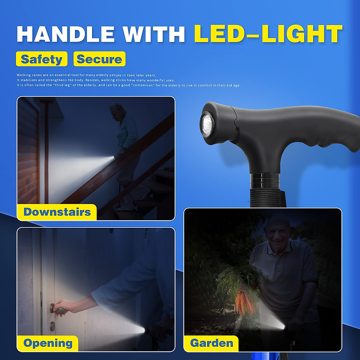 BigAlex Folding Walking Cane with LED Light,Pivoting Quad Base,Adjustable Walking Stick with Carrying Bag for Man/Woman (Alloy Base)