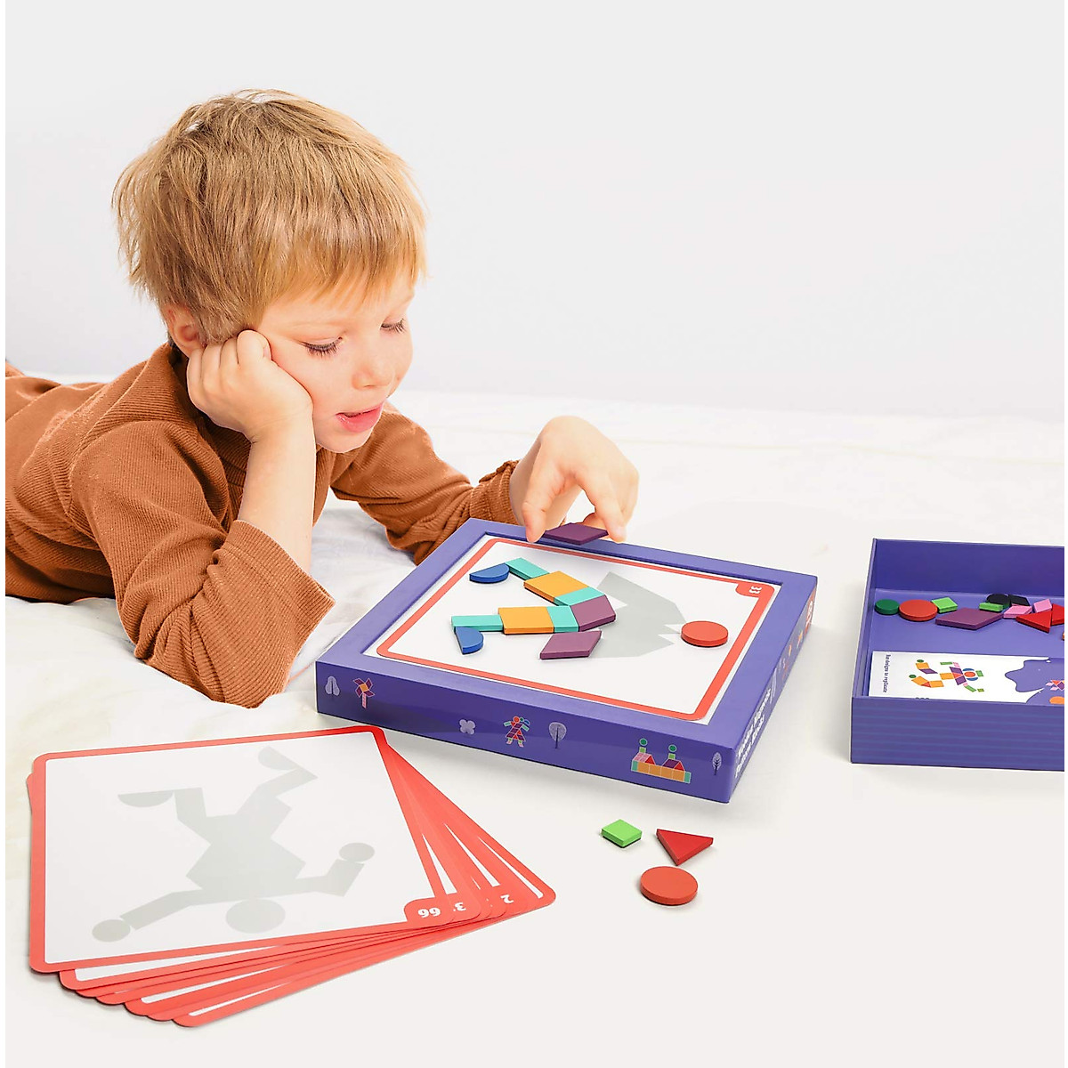 Coogam Wooden Magnetic Shape Puzzle Pattern Blocks Set, Tangram Geometric Manipulative Brain Teasers Toy Montessori Magnet Board Puzzle STEM Gift for Kids with 80 Challenges