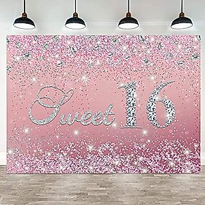 Hilioens 7×5ft Sweet 16th Birthday Backdrop Glitter Pink Diamonds Bokeh Girls 16th Birthday Party Backgorund Shining Silver Happy Sixteen Birthday Party Banner Deocrations Photo Booth Props