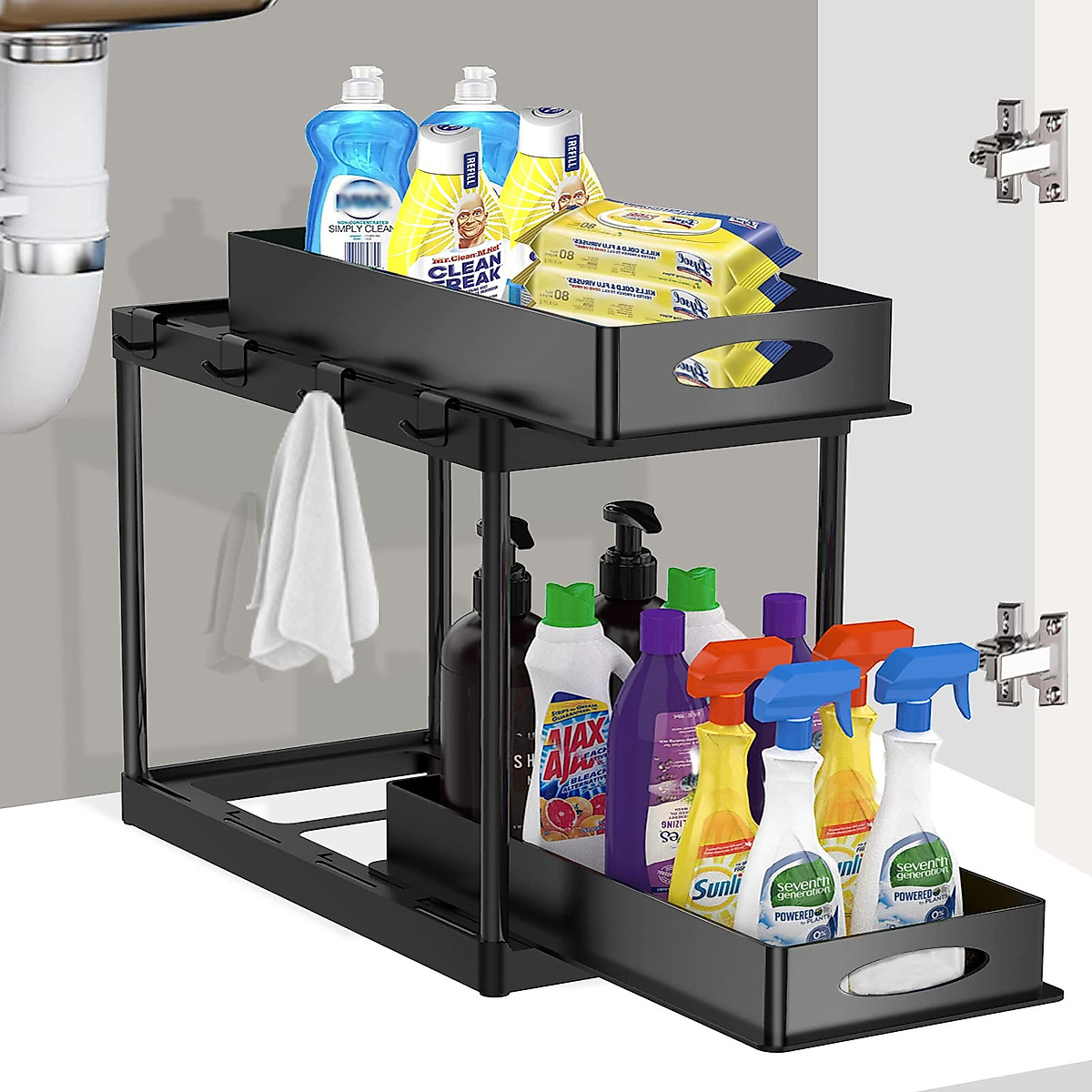 Under Sink Organizer with Dual Sliding Drawers, 2 Tier Under Kitchen Sink Organizers and Storage with 4 Hooks, Slide Out Under-Sink Storage for Bathroom Organizer, Kitchen Organization (Black)