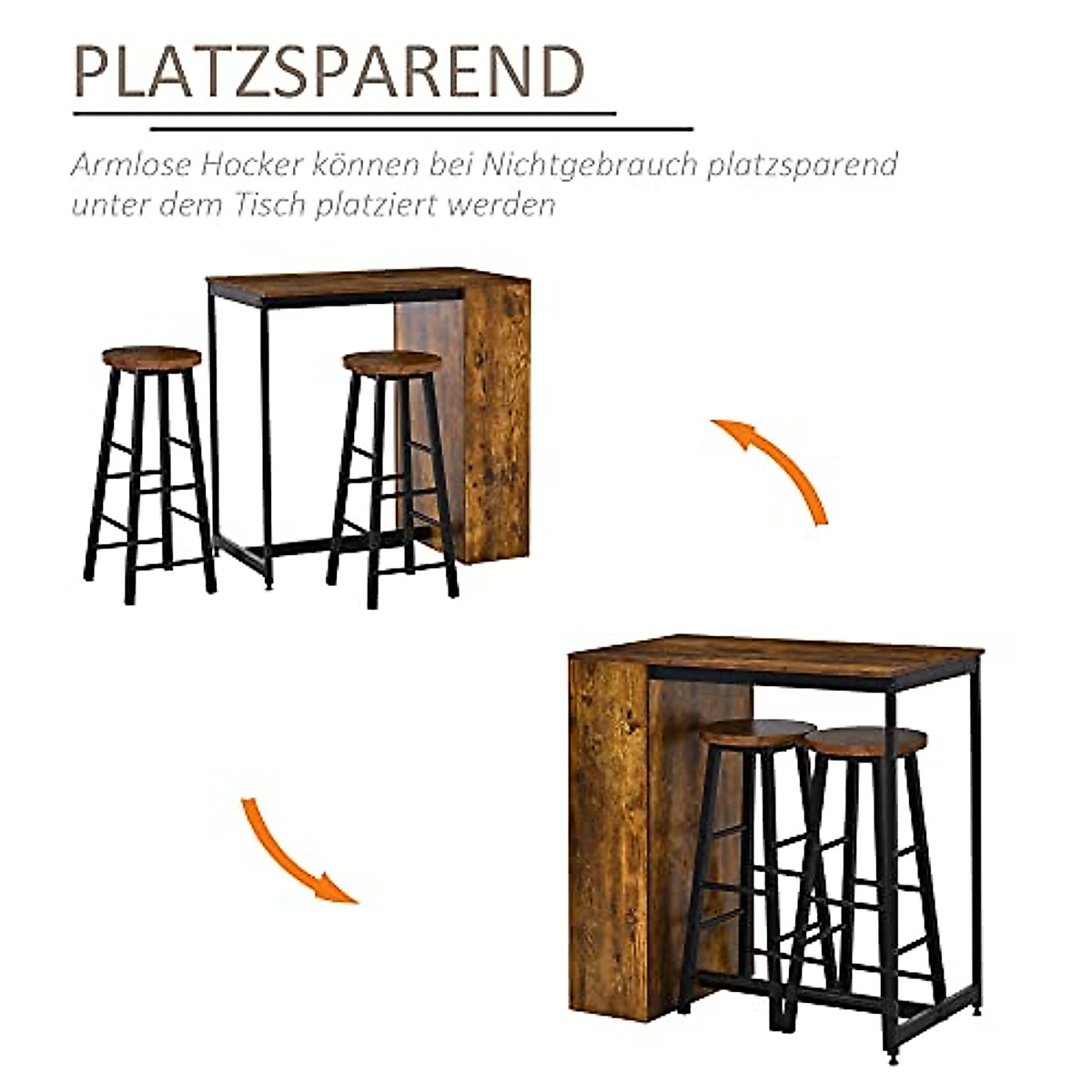 HOMCOM 3 Piece Industrial Dining Table Set, Counter Height Bar Table & Stools Set with Storage Shelf, Rustic Brown