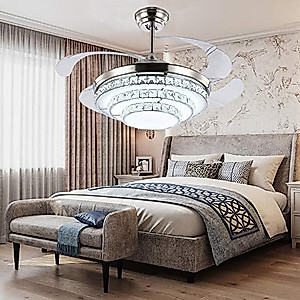 CNCEST 42inch Invisible Ceiling Fan LED Ceiling Fan with Light Telescopic Fan and Chandelier W/3 Color Temperatures Dimming 3 Wind Speed Remote Control Kitchen Living Bedroom Indoor Silver