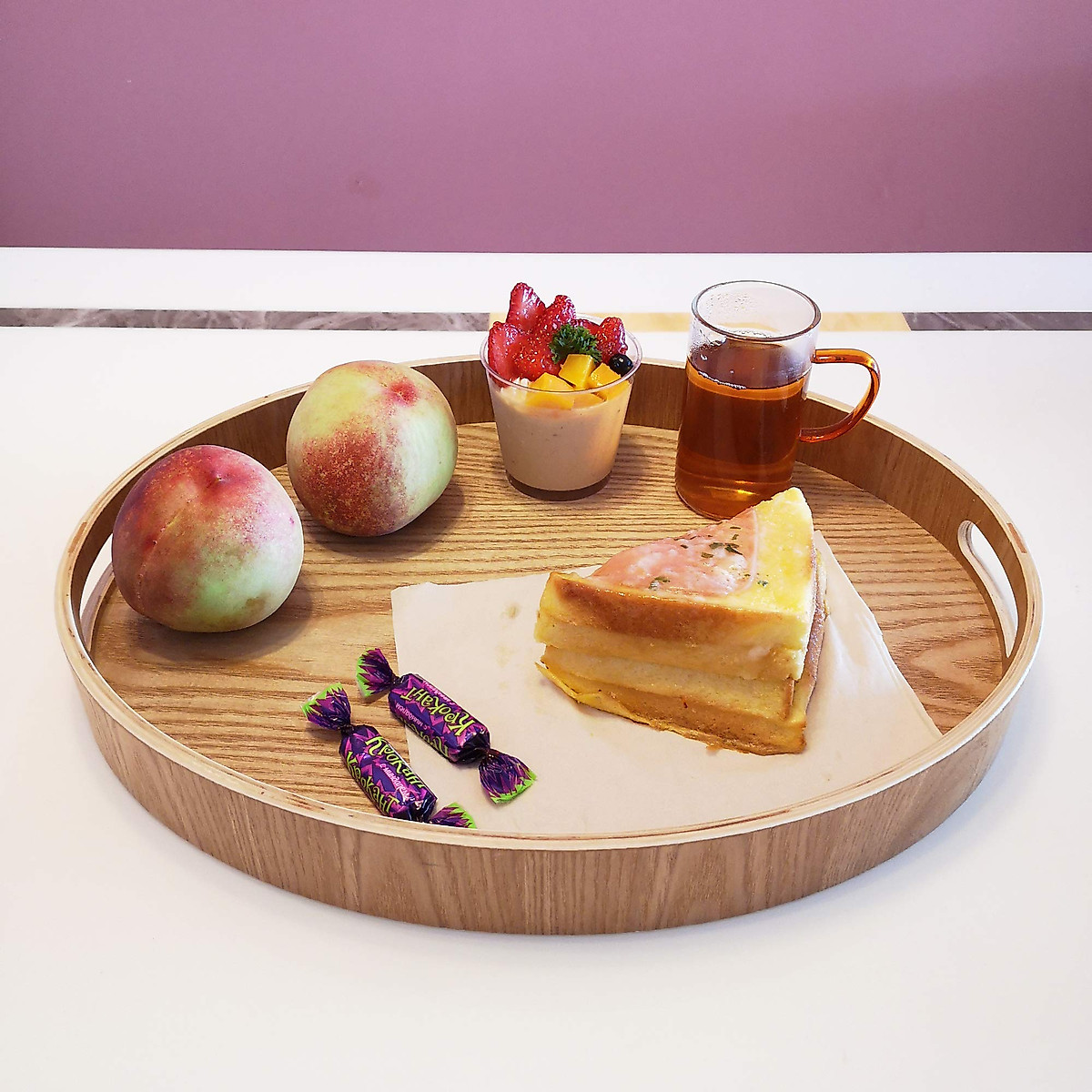I-lan Oval Serving Tray, Wood Decorative Ottoman Tray, Valet Tray with Handles, Coffee Table Tray Decor for Cocktail, Snack, Bread, Brown (XL: 18")