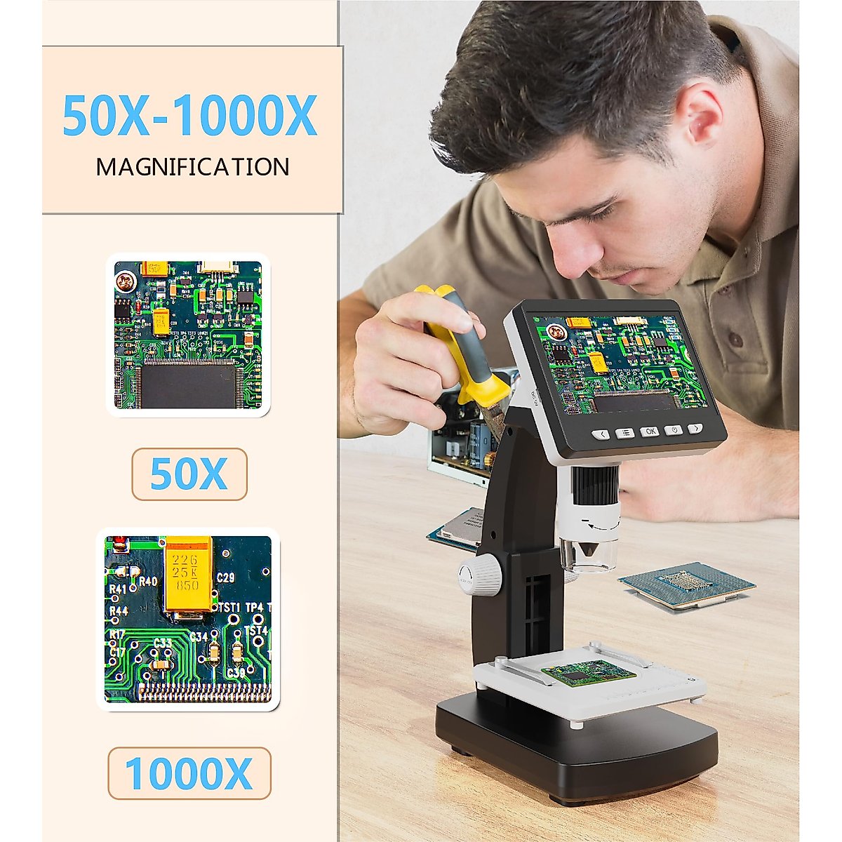 LCD Microscope 4.3" IPS Screen, 1080P Digital Stand Microscope Inspetion Camera, 8 LED Lights, 50x-1000x Magnification, USB Electron Microscopes Compatible with Computer