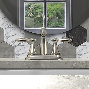 LEDMyplace Double Handle Bathroom Faucet with Drain, Mid-Arc Centerest Bathroom Sink Faucet with Lift Rod, Brushed Nickel Finish, Zinc Handle, Brass Body, 2 Holes Deck Mounted Bath Faucet