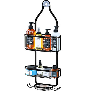 Kadolina Bathroom Hanging Shower Organizer, Over Head Shower Caddy Shower Storage Rack Basket with Hooks for Razor and Sponge Rustproof, Black [Patented]