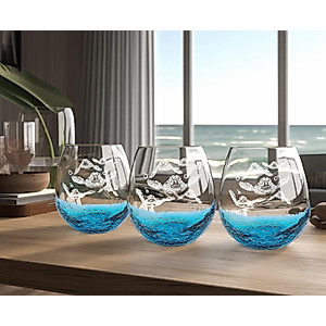 Deeply Etched Sea Turtles Family Handmade Engraved Crackle Turquoise Beach Wine Glass, Valentines Day Gifts Idea 2024